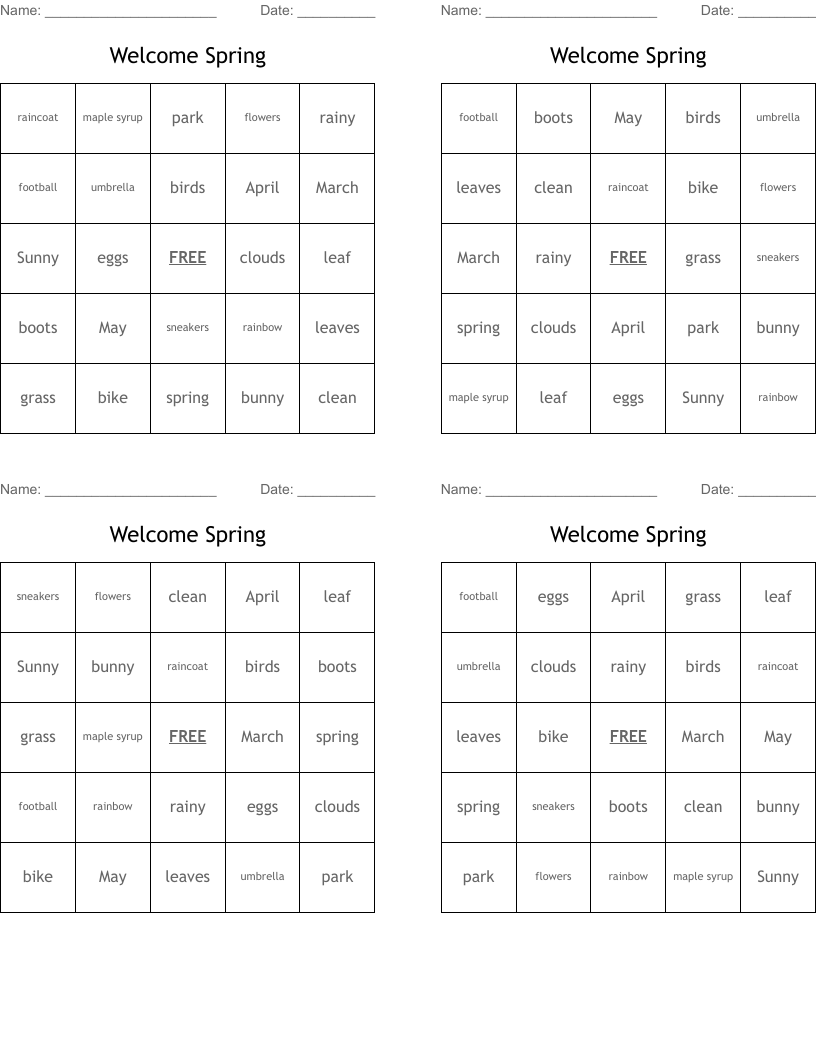 Welcome Spring Bingo Cards - WordMint
