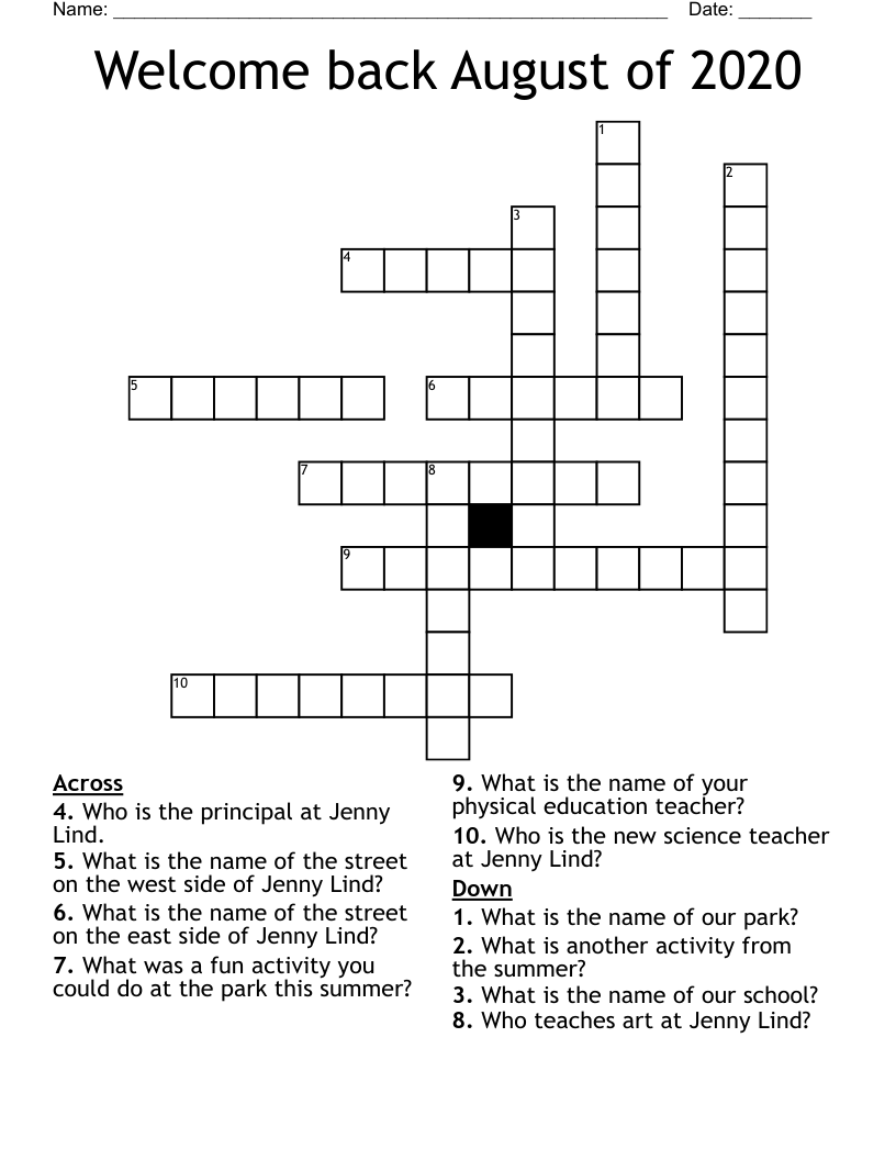 Welcome back August of 2020 Crossword - WordMint