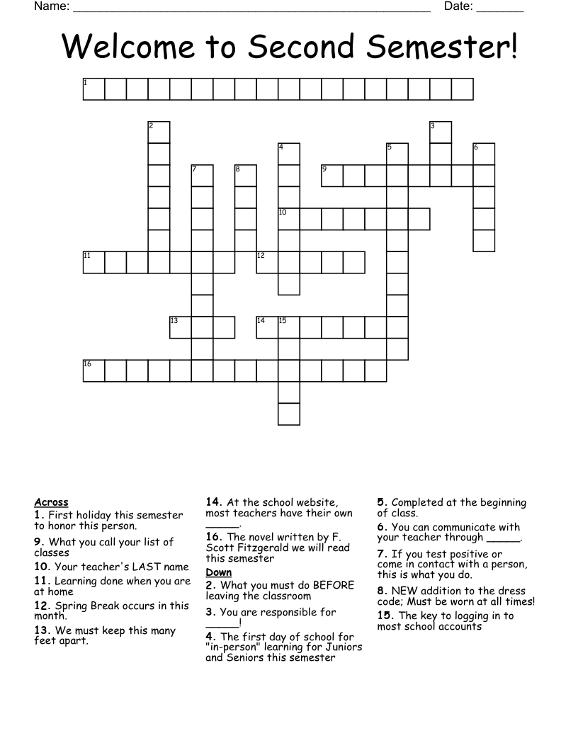 Welcome to Second Semester! Crossword - WordMint