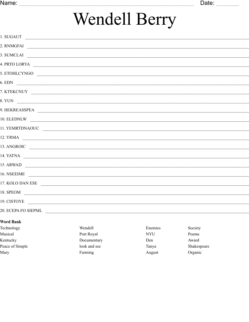 Wendell Berry Word Scramble - WordMint