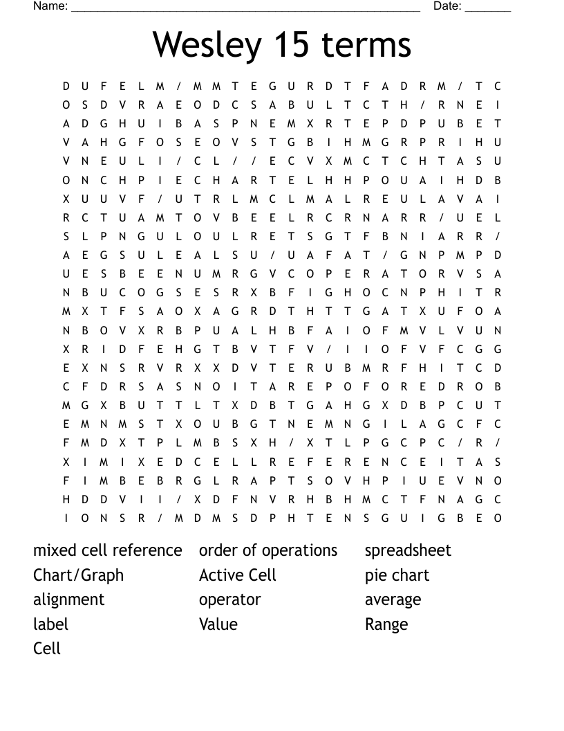 Wesley 15 terms Word Search - WordMint