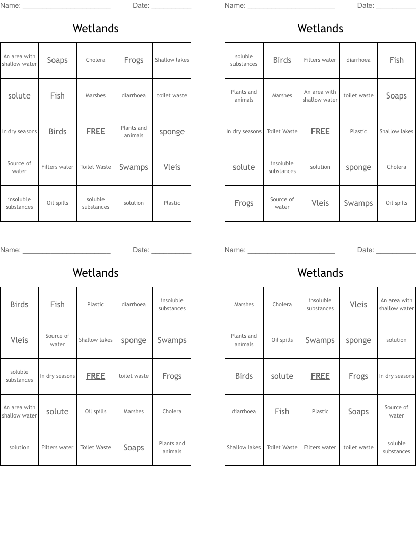 Wetlands Bingo Cards - WordMint