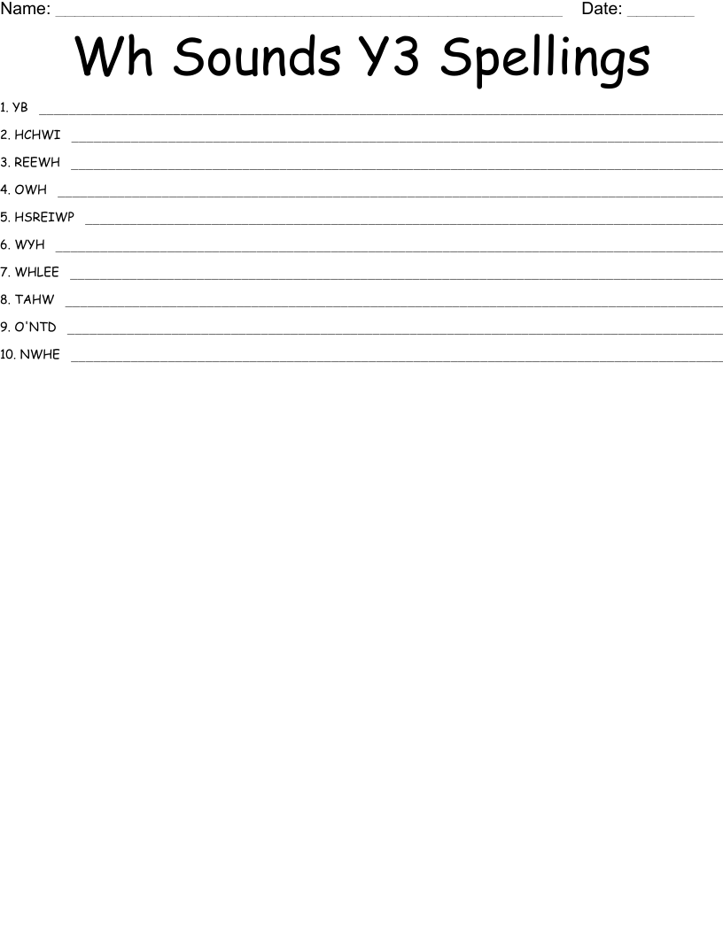 Wh Sounds Y3 Spellings Word Scramble - WordMint