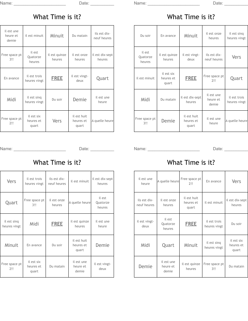 What Time Is It Bingo Cards WordMint