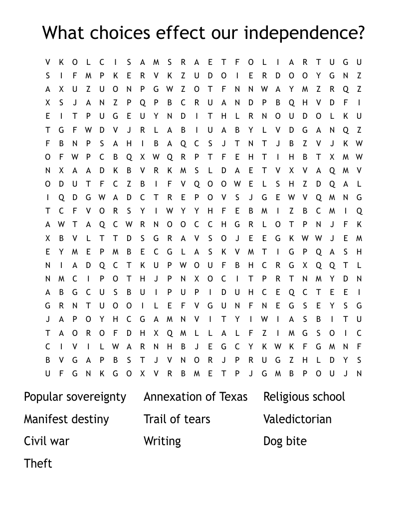What choices effect our independence? Word Search - WordMint