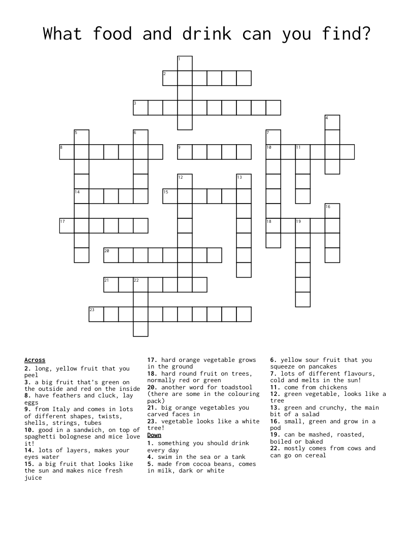 What food and drink can you find? Crossword - WordMint