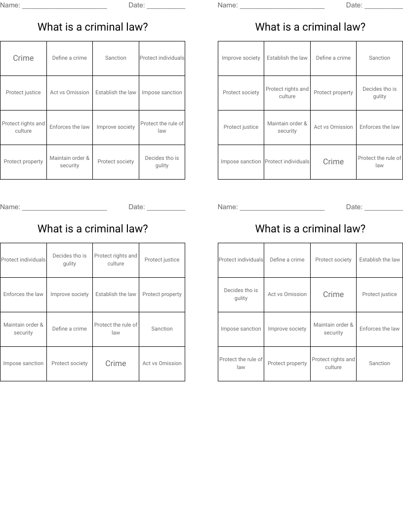 What is a criminal law? Bingo Cards - WordMint