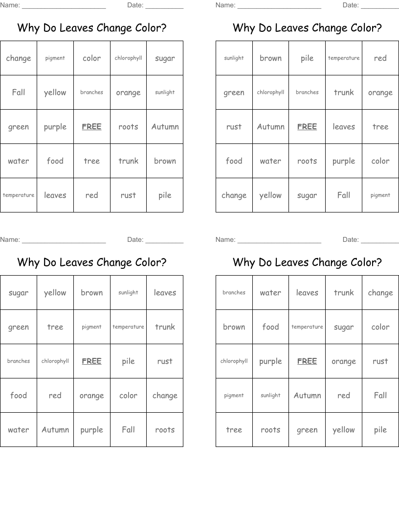 Why Do Leaves Change Color? Bingo Cards - WordMint