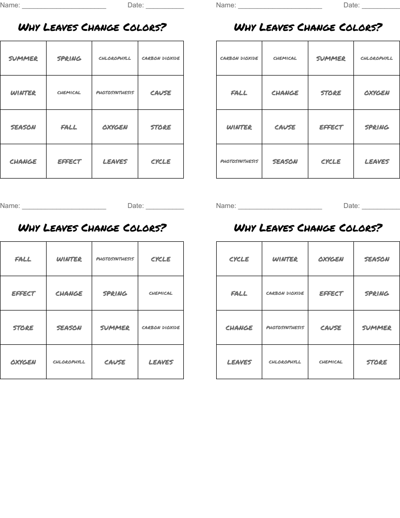 Why Leaves Change Colors? Bingo Cards - WordMint