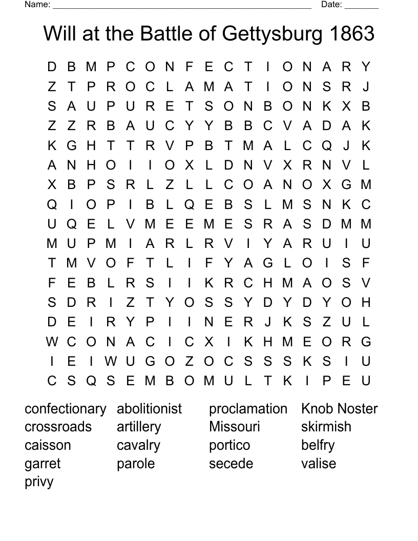Will at the Battle of Gettysburg 1863 Word Search - WordMint