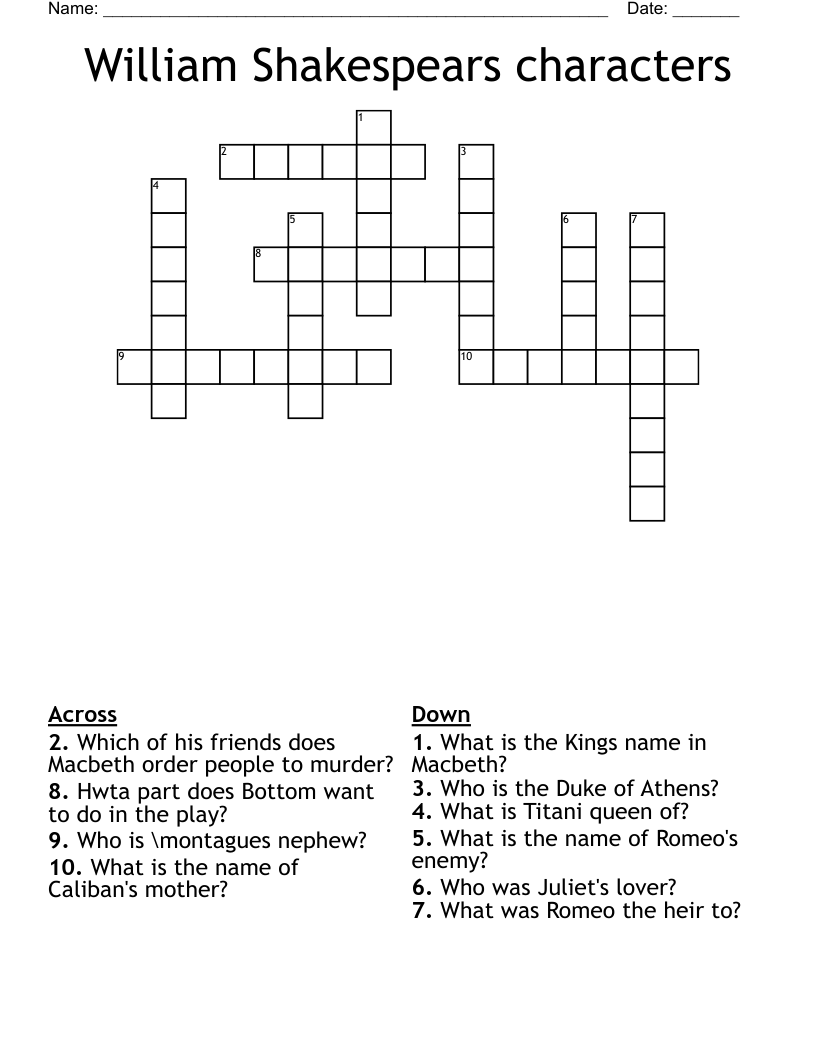 William Shakespears characters Crossword - WordMint