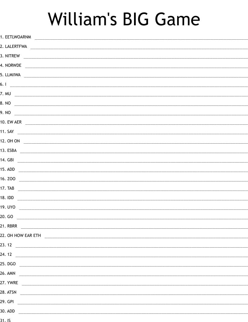 William's BIG Game Word Scramble - WordMint