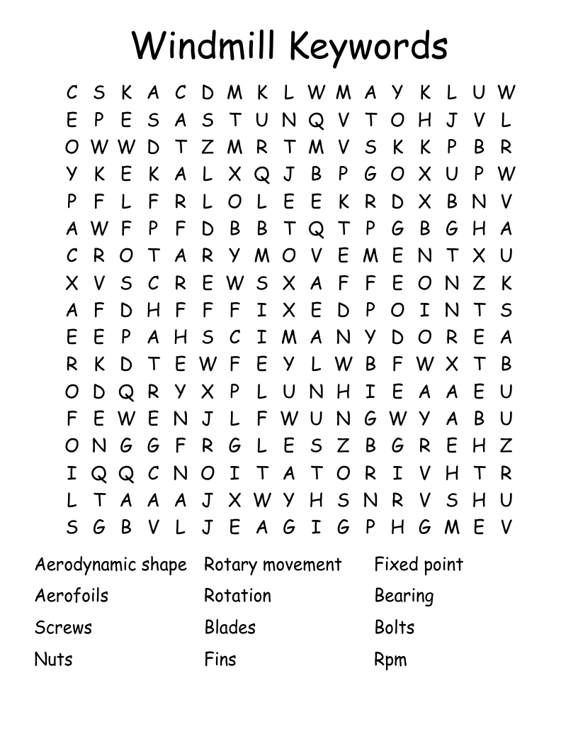 Windmill Keywords Word Search - WordMint