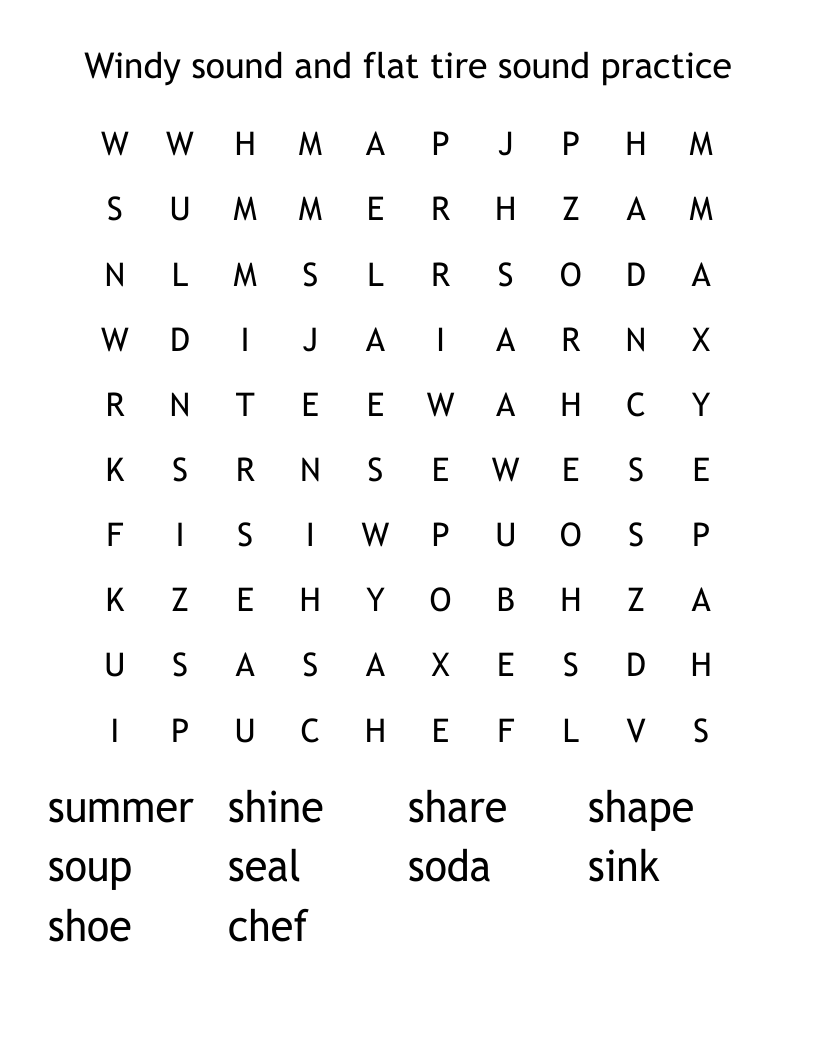 Windy sound and flat tire sound practice Word Search - WordMint