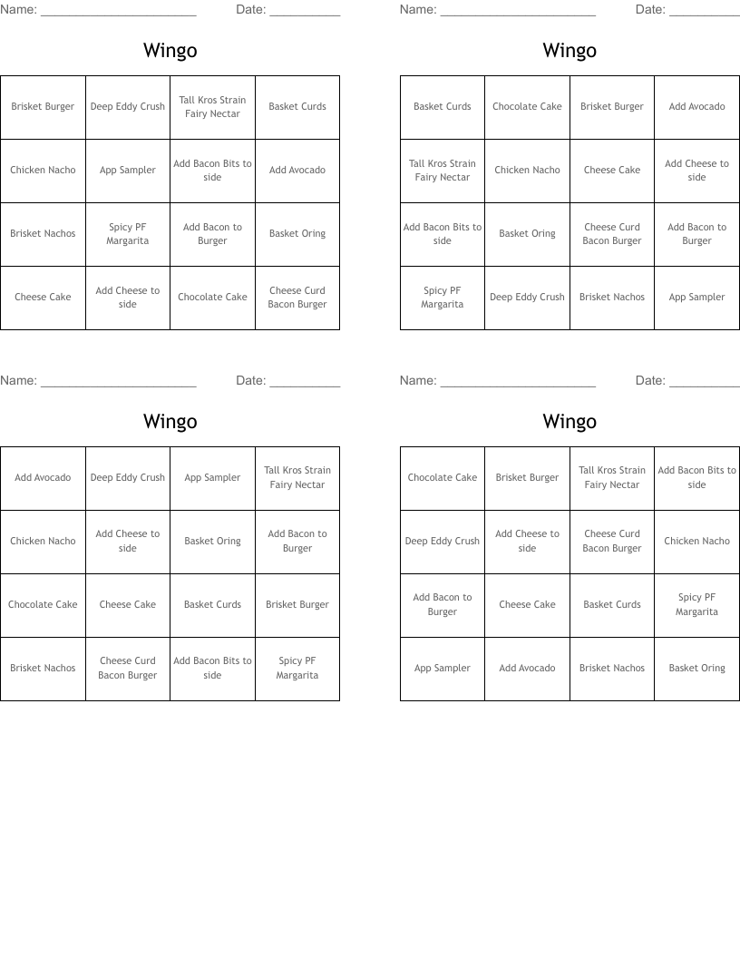 Wingo Bingo Cards WordMint
