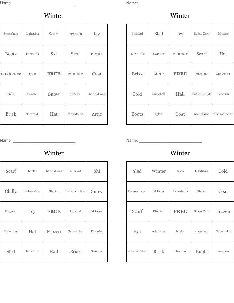 Winter Bingo Cards WordMint