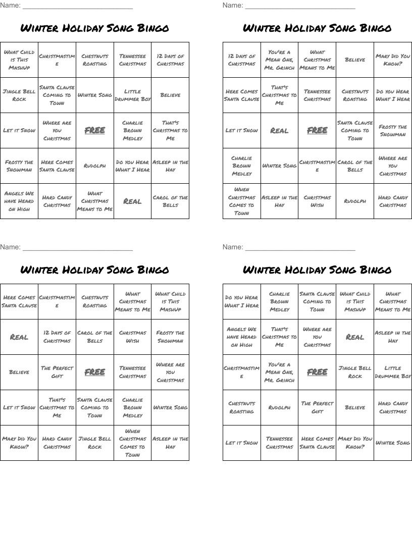 Winter Holiday Song Bingo - WordMint