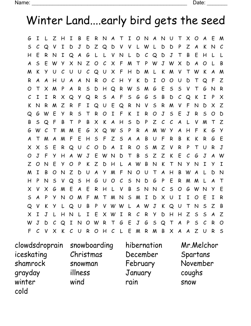 Winter Land....early bird gets the seed Word Search - WordMint