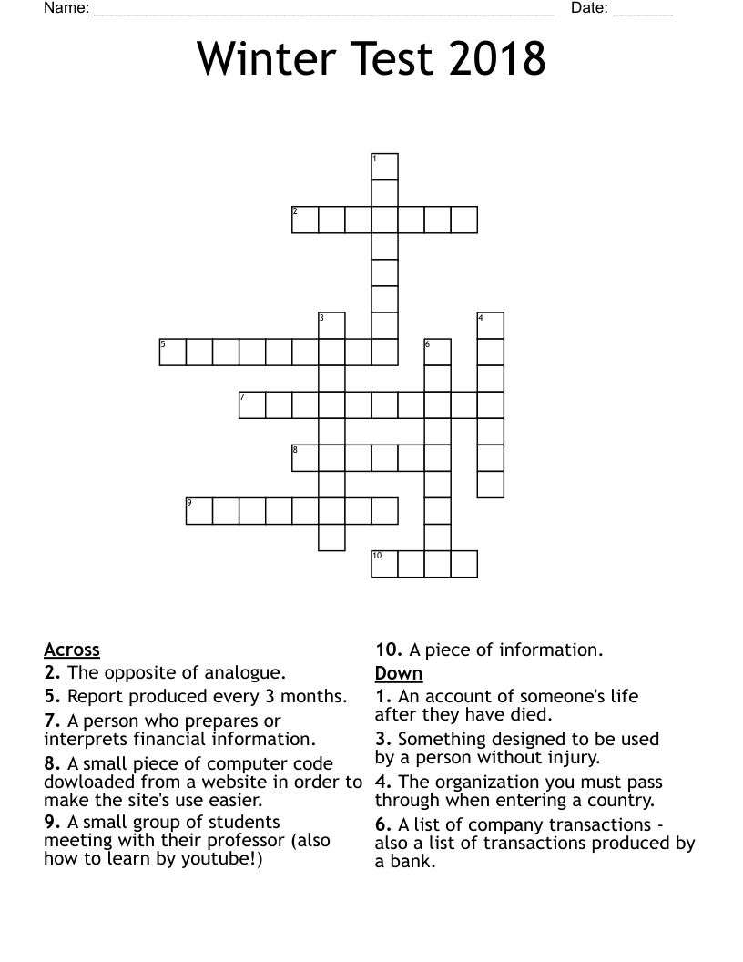 Winter Test 2018 Crossword - WordMint