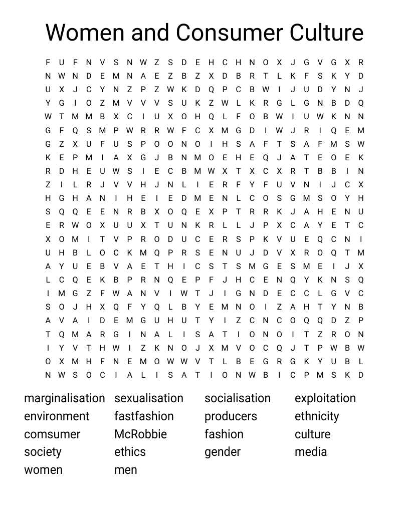 Women and Consumer Culture Word Search - WordMint