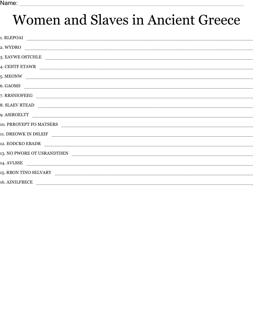 Women and Slaves in Ancient Greece Word Scramble - WordMint