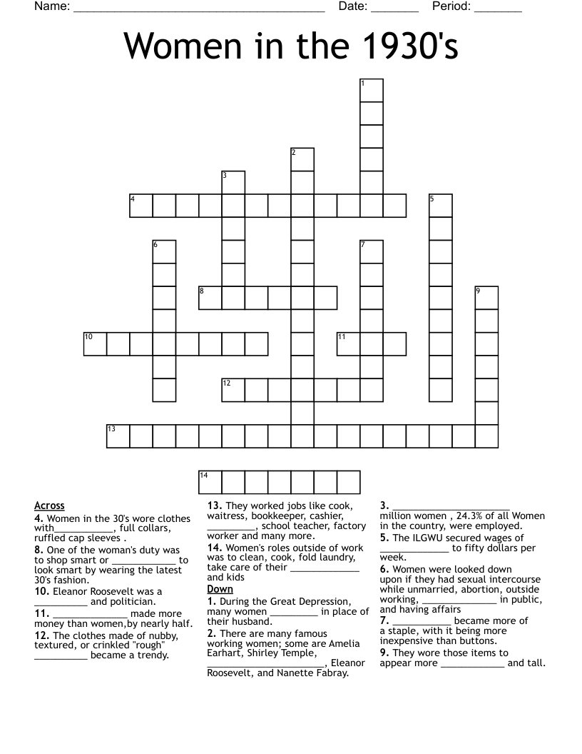 Women in the 1930’s Word Search - WordMint