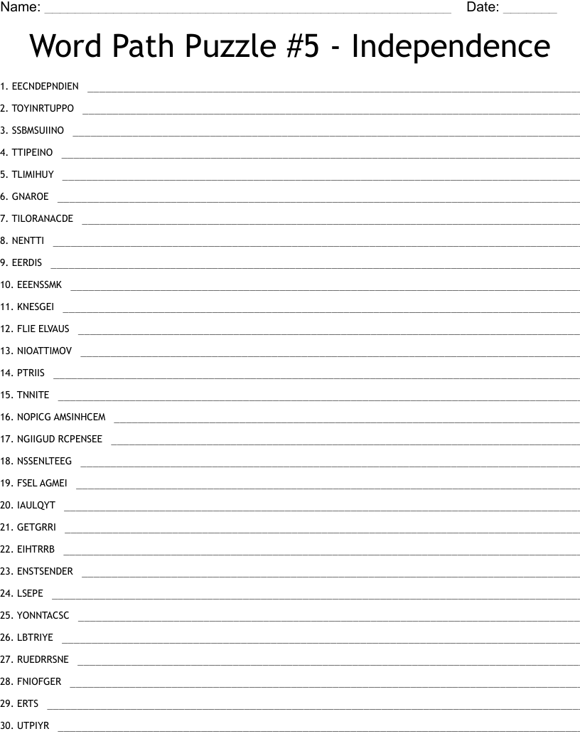 Word Path Puzzle #5 - Independence Word Scramble - WordMint