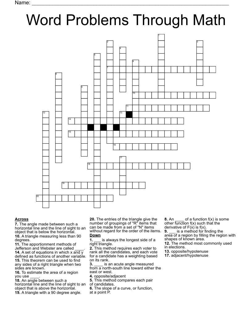 Word Problems Through Math Crossword WordMint