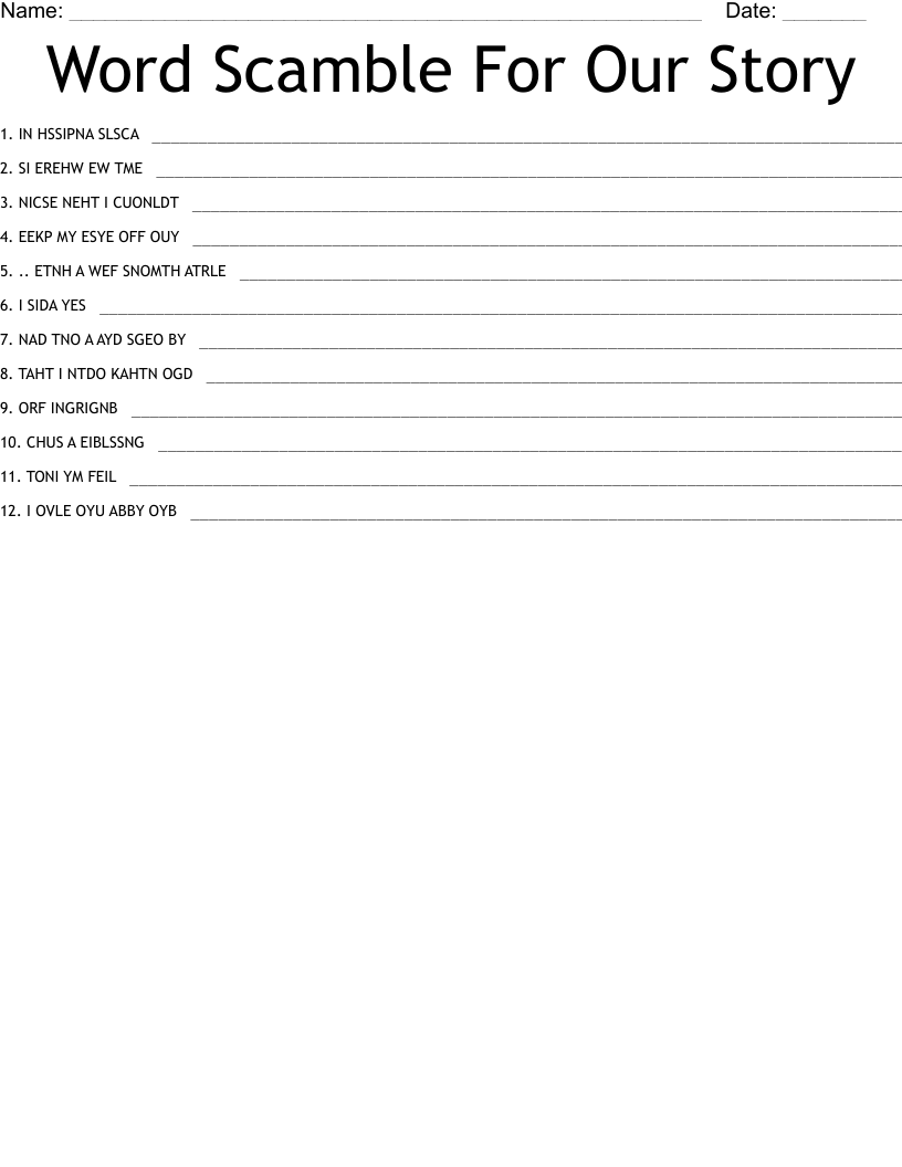 Word Scamble For Our Story Word Scramble - WordMint