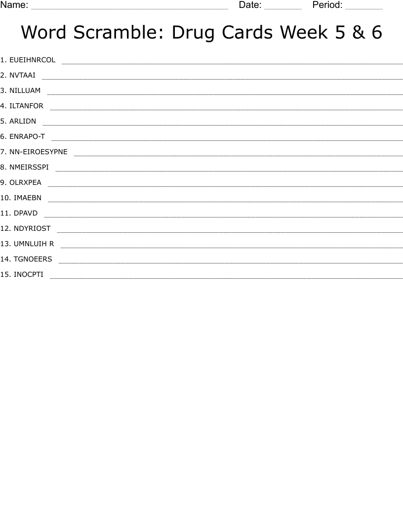 Word Scramble: Drug Cards Week 5 & 6 - WordMint