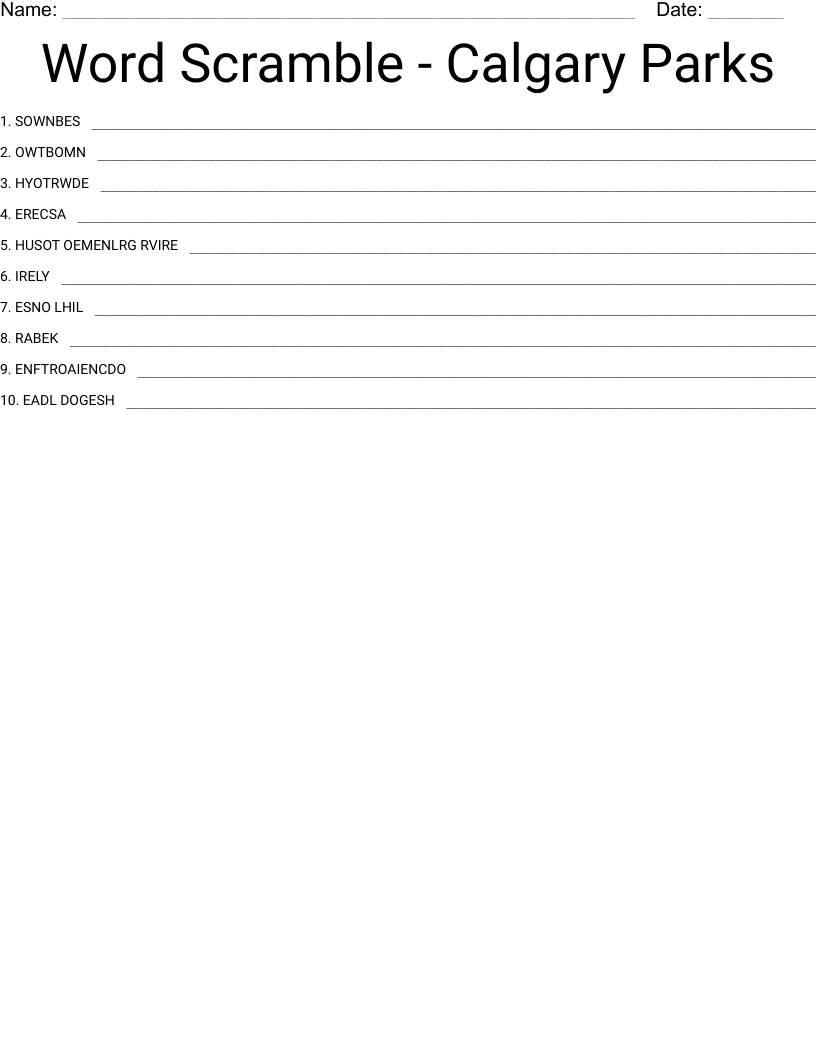Word Scramble - Calgary Parks - WordMint