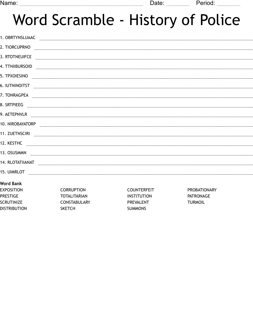 Word Scramble - History of Police - WordMint