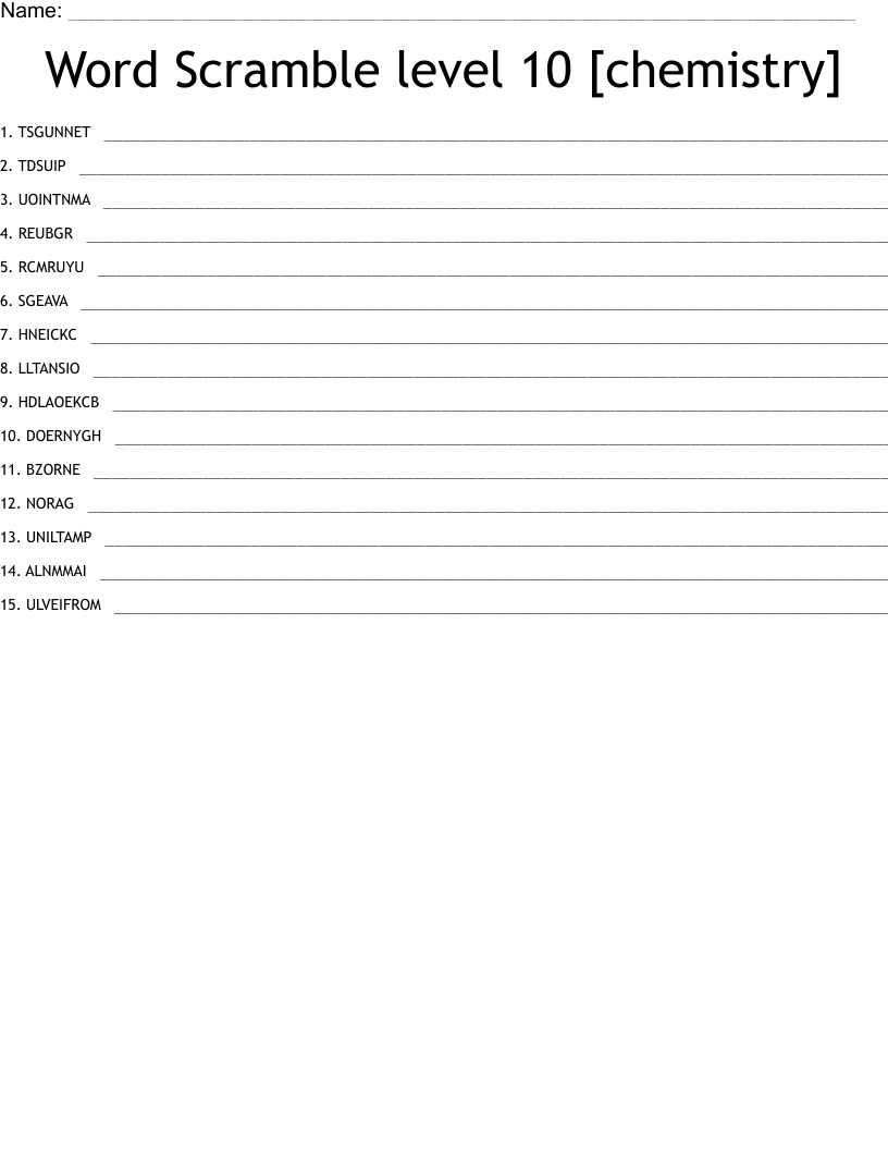 Word Scramble level 10 [chemistry] - WordMint