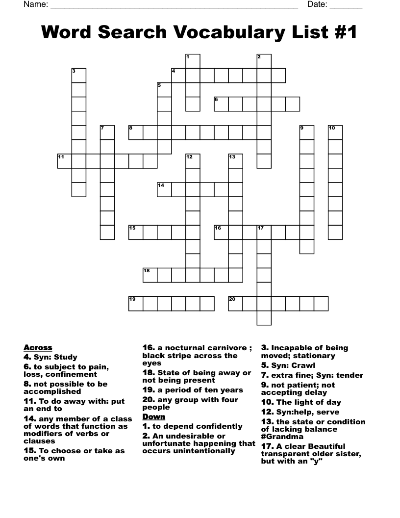 Word Search Vocabulary List #1 Crossword - WordMint
