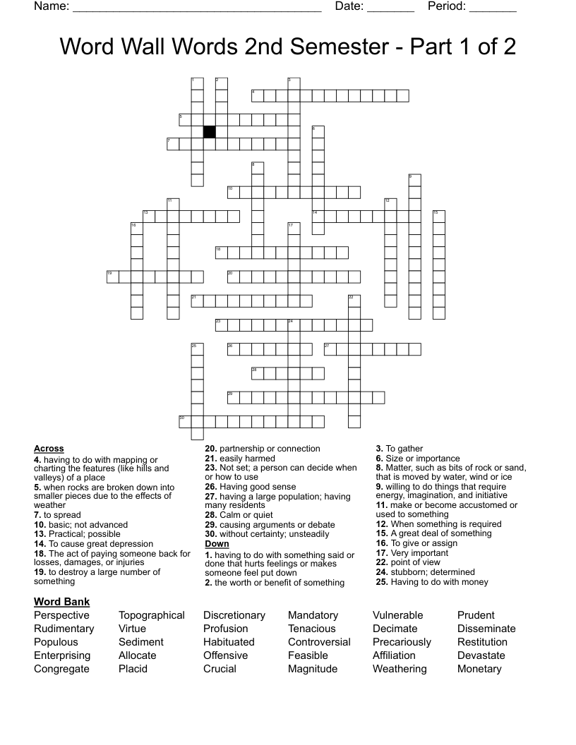 Word Wall Words 2nd Semester - Part 1 of 2 Crossword - WordMint