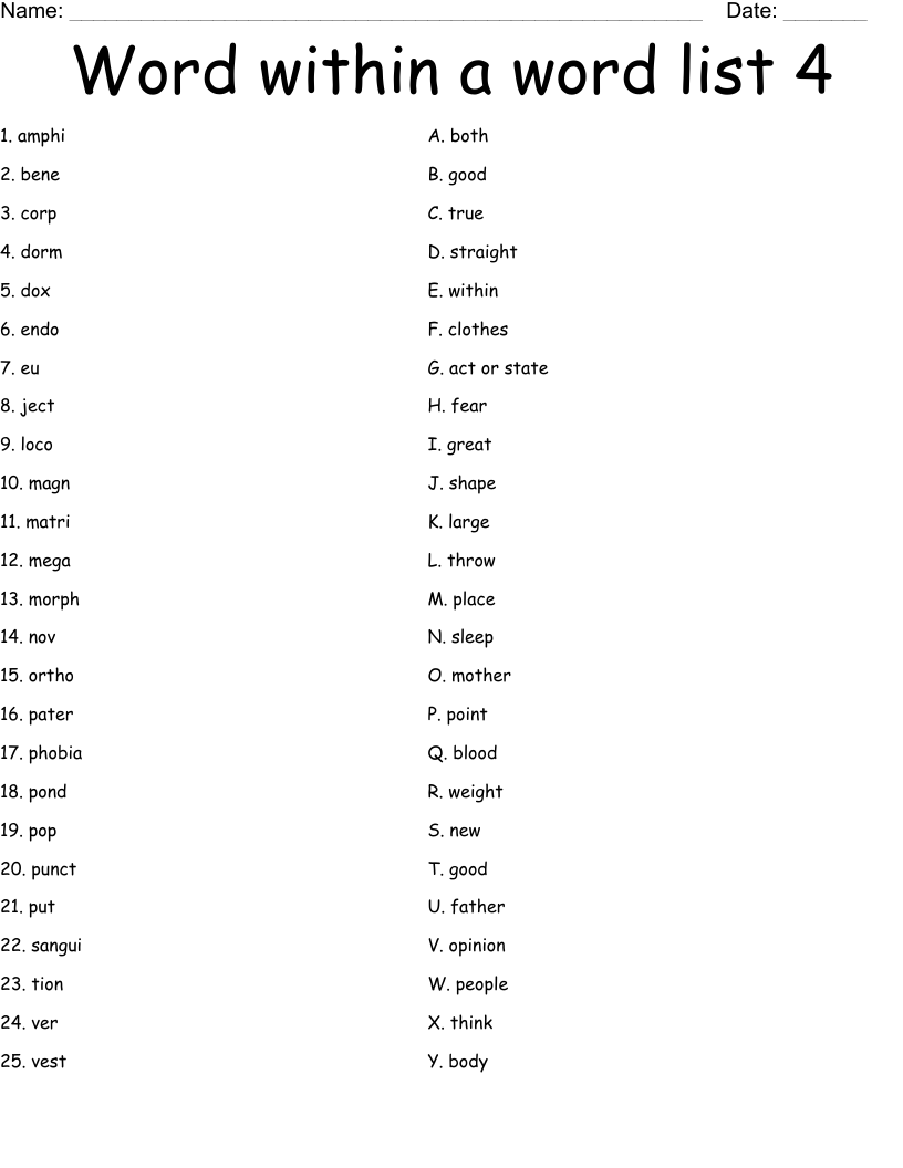 Word Within A Word List 4 Worksheet WordMint