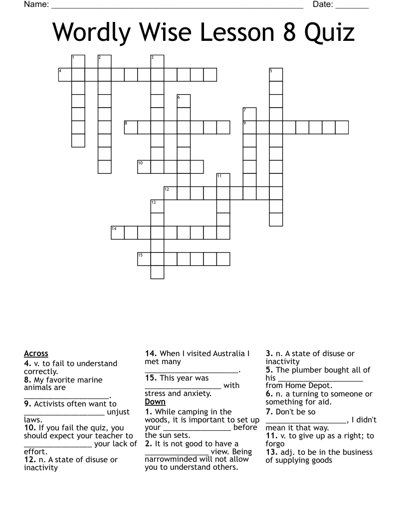 Wordly Wise Lesson 8 Quiz Crossword - WordMint