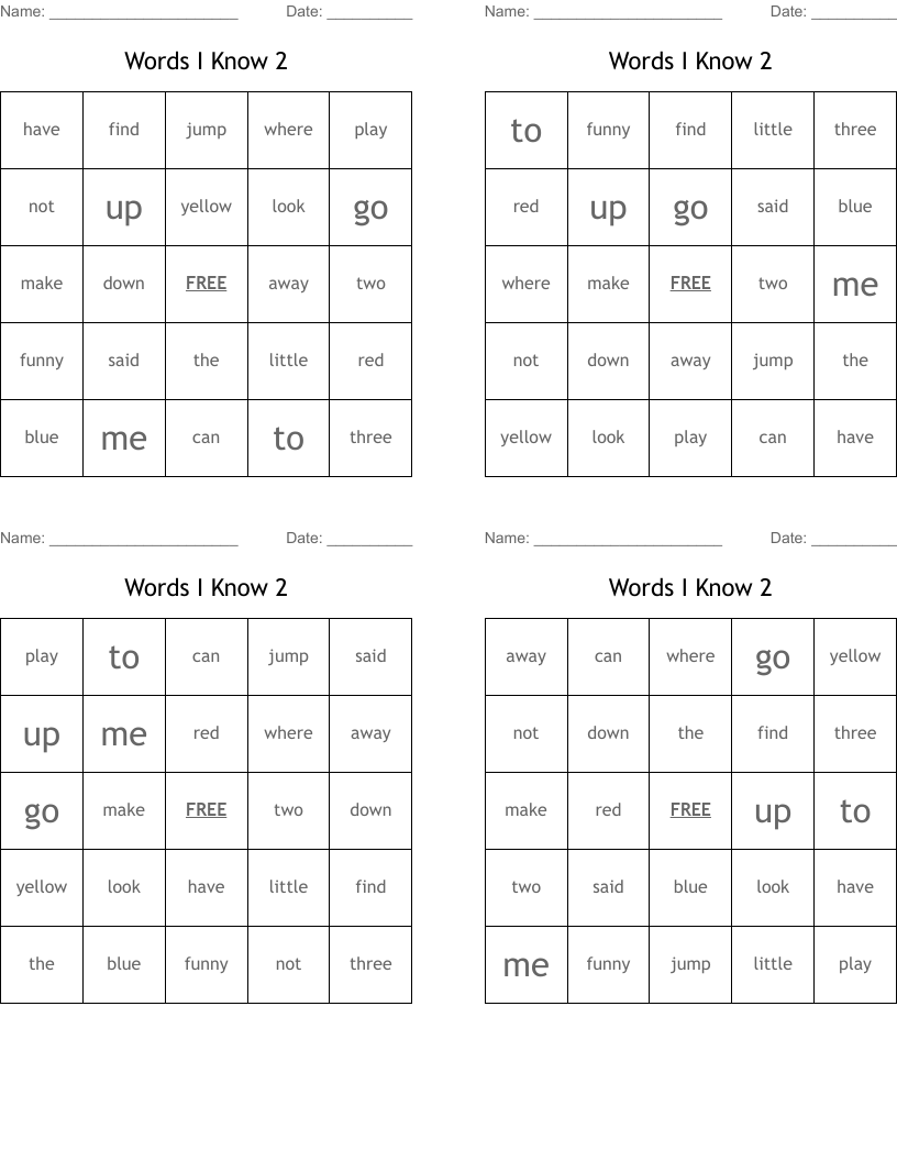 Words I Know 2 Bingo Cards - WordMint