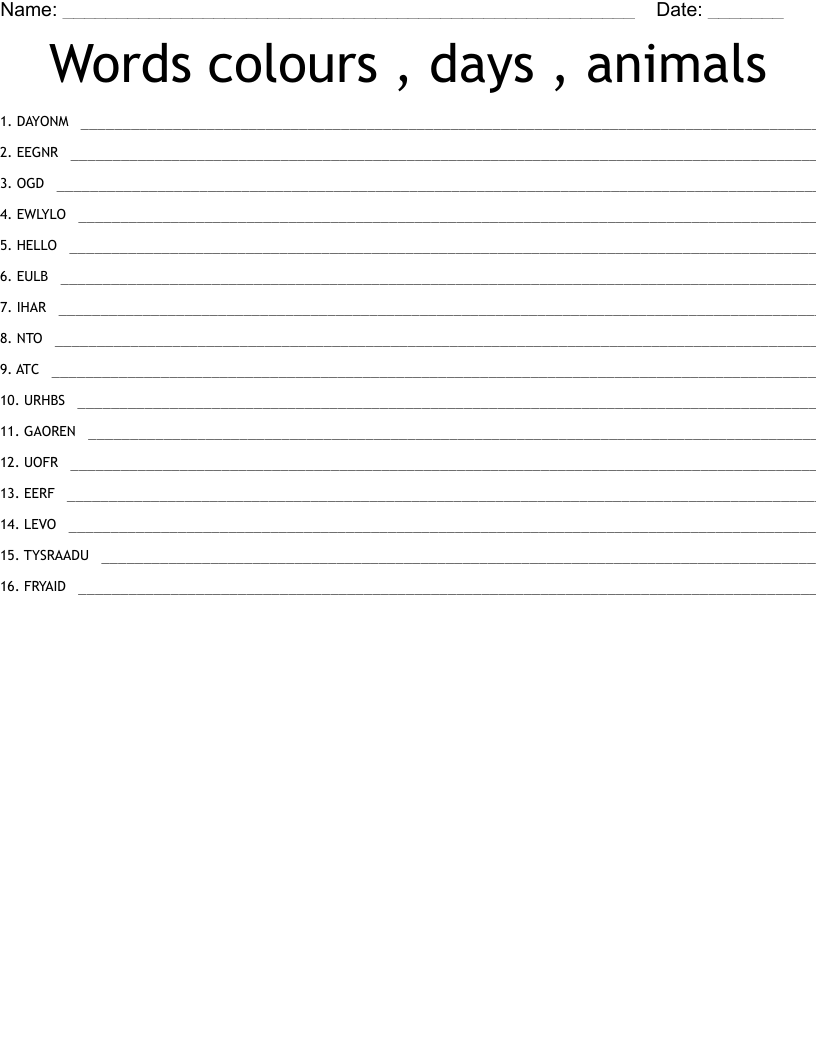 Words colours , days , animals Word Scramble - WordMint