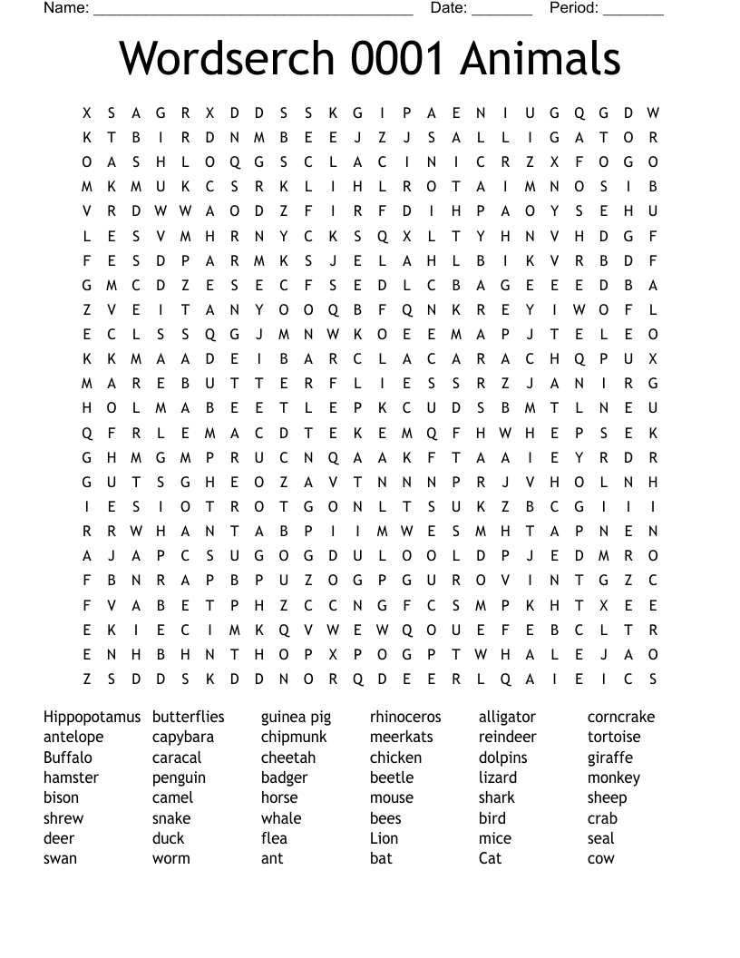 Wordserch 0001 Animals Word Search WordMint
