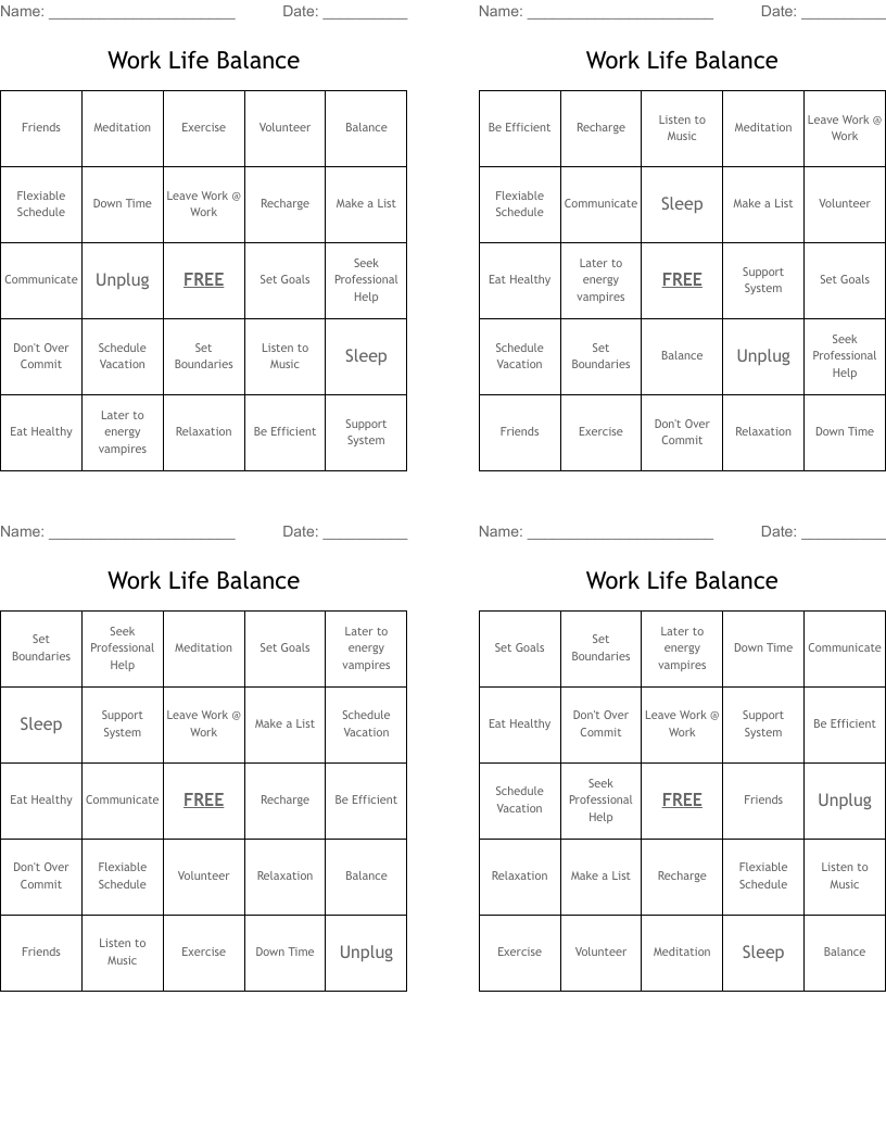 Work Life Balance Bingo Cards - WordMint