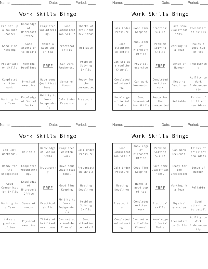 Work Skills Bingo - WordMint