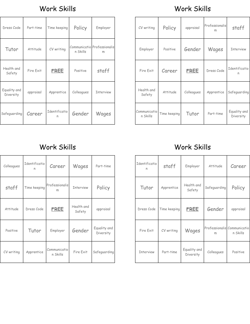 Work Skills Bingo Cards - WordMint