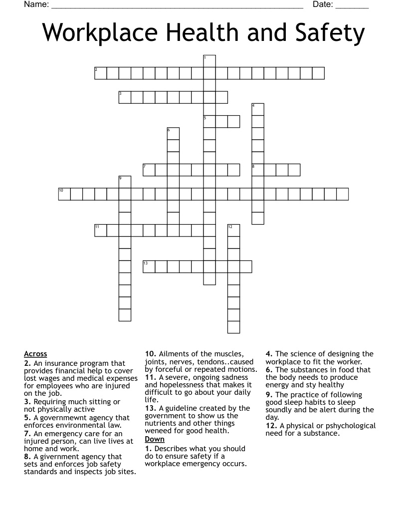 Workplace Health And Safety Crossword WordMint