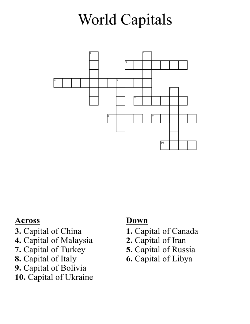 World Capitals Crossword - WordMint