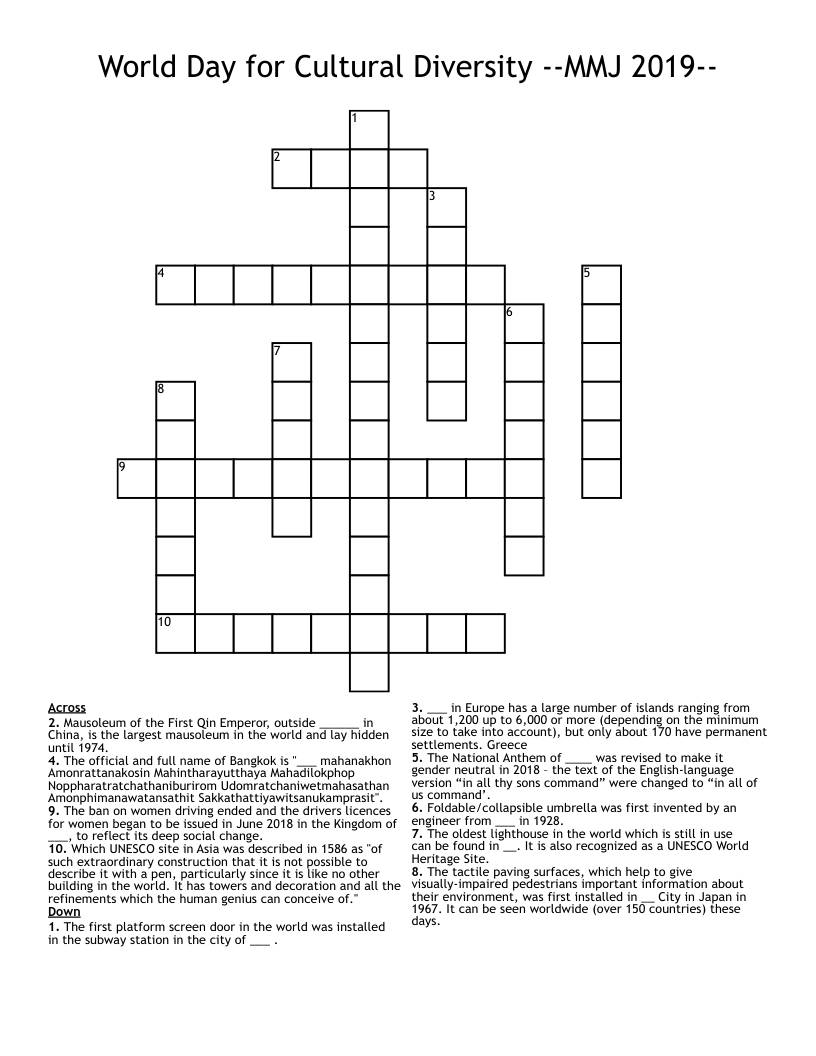 World Day for Cultural Diversity --MMJ 2019-- Crossword - WordMint