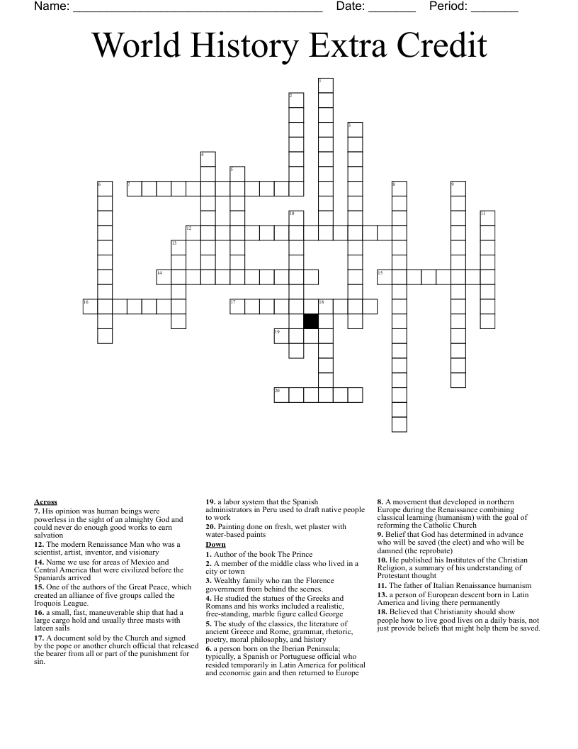 World History Extra Credit Crossword - WordMint