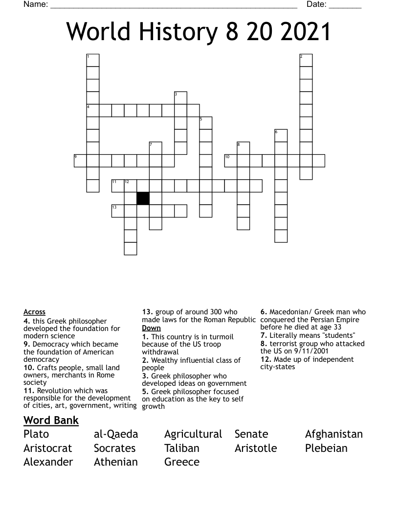 World History 8 20 2021 Crossword - WordMint