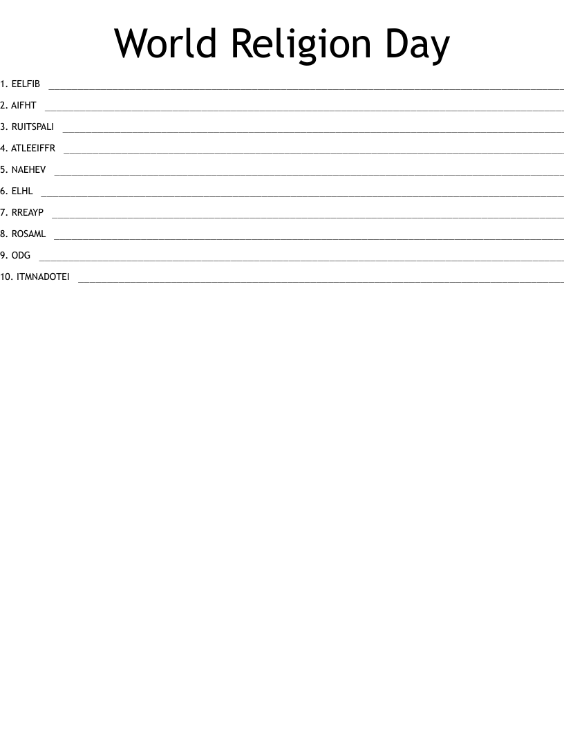 World Religion Day Word Scramble - WordMint