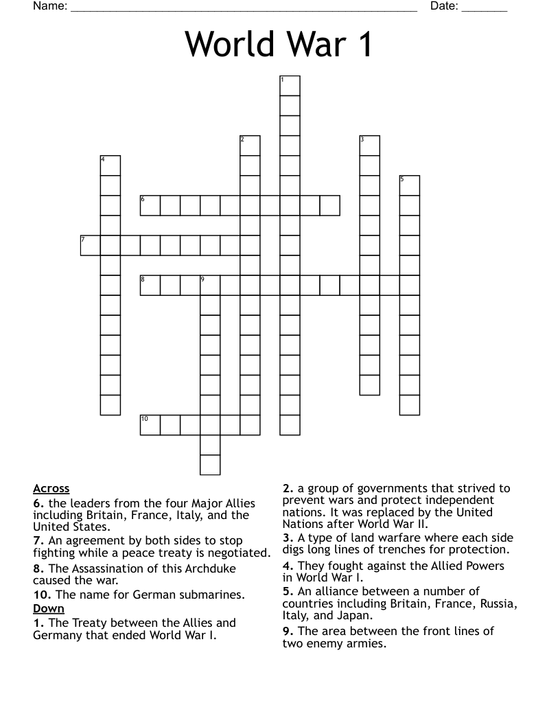 World War 1 Crossword WordMint